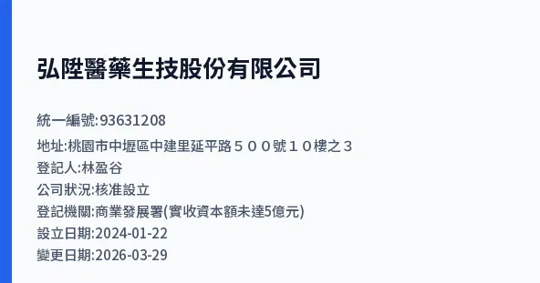弘陞醫藥生技股份有限公司的照片-統編 93631208(桃園市) 公司登記資料與營業項目詳細圖表