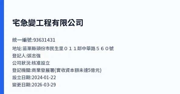 宅急變工程有限公司的照片-統編 93631431(苗栗縣) 公司登記資料與營業項目詳細圖表