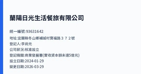 蘭陽日光生活餐旅有限公司的照片-統編 93631642(宜蘭縣) 公司登記資料與營業項目詳細圖表