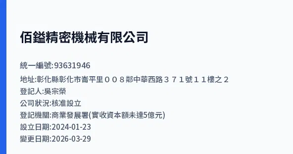 佰鎰精密機械有限公司的照片-統編 93631946(彰化縣) 公司登記資料與營業項目詳細圖表