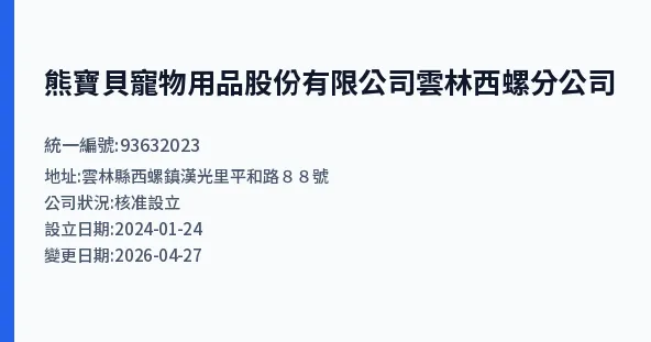 熊寶貝寵物用品股份有限公司雲林西螺分公司的照片-統編 93632023(雲林縣) 公司登記資料與營業項目詳細圖表
