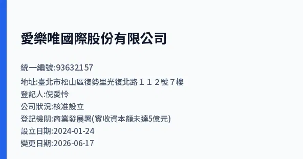 愛樂唯國際股份有限公司的照片-統編 93632157(臺北市) 公司登記資料與營業項目詳細圖表