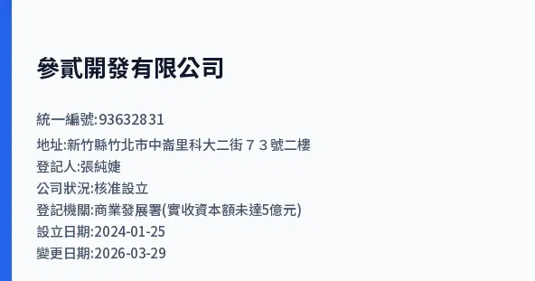參貳開發有限公司的照片-統編 93632831(新竹縣) 公司登記資料與營業項目詳細圖表