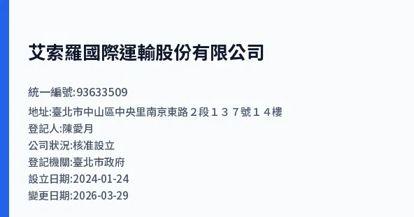 艾索羅國際運輸股份有限公司的照片-統編 93633509(臺北市) 公司登記資料與營業項目詳細圖表