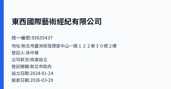 東西國際藝術經紀有限公司的照片-統編 93635437(新北市) 公司登記資料與營業項目詳細圖表
