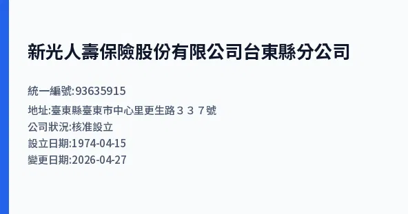 新光人壽保險股份有限公司台東縣分公司的照片-統編 93635915(臺東縣) 公司登記資料與營業項目詳細圖表