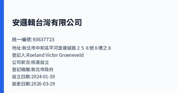 安邏輯台灣有限公司的照片-統編 93637723(新北市) 公司登記資料與營業項目詳細圖表