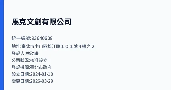 馬克文創有限公司的照片-統編 93640608(臺北市) 公司登記資料與營業項目詳細圖表
