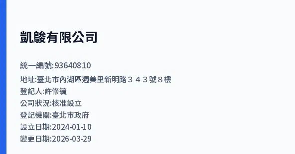 凱鵔有限公司的照片-統編 93640810(臺北市) 公司登記資料與營業項目詳細圖表