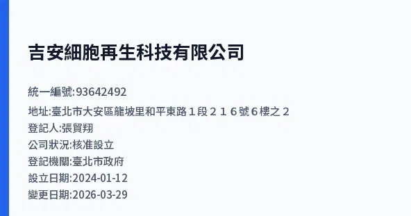 吉安細胞再生科技有限公司的照片-統編 93642492(臺北市) 公司登記資料與營業項目詳細圖表