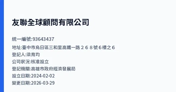 友聯全球顧問有限公司的照片-統編 93643437(臺中市) 公司登記資料與營業項目詳細圖表