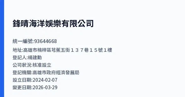 鋒晴海洋娛樂有限公司的照片-統編 93644668(高雄市) 公司登記資料與營業項目詳細圖表