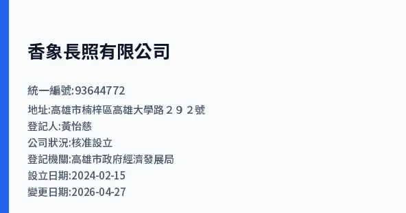香象長照有限公司的照片-統編 93644772(高雄市) 公司登記資料與營業項目詳細圖表