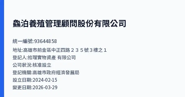 鱻泊養殖管理顧問股份有限公司的照片-統編 93644858(高雄市) 公司登記資料與營業項目詳細圖表