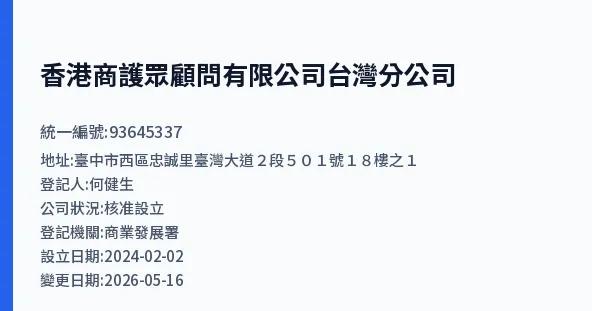 香港商護眾顧問有限公司台灣分公司的照片-統編 93645337(臺中市) 公司登記資料與營業項目詳細圖表