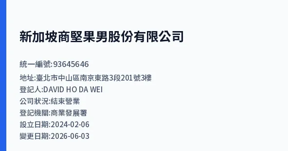 新加坡商堅果男股份有限公司的照片-統編 93645646(臺北市) 公司登記資料與營業項目詳細圖表