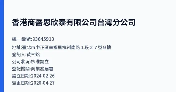 香港商醫思欣泰有限公司台灣分公司的照片-統編 93645913(臺北市) 公司登記資料與營業項目詳細圖表