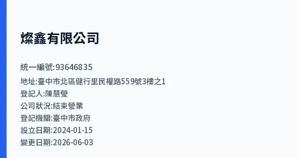 燦鑫有限公司的照片-統編 93646835(臺中市) 公司登記資料與營業項目詳細圖表