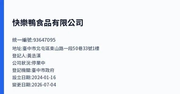 快樂鴨食品有限公司的照片-統編 93647095(臺中市) 公司登記資料與營業項目詳細圖表