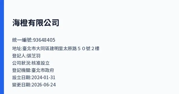 海橙有限公司的照片-統編 93648405(臺北市) 公司登記資料與營業項目詳細圖表