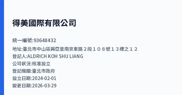 得美國際有限公司的照片-統編 93648432(臺北市) 公司登記資料與營業項目詳細圖表