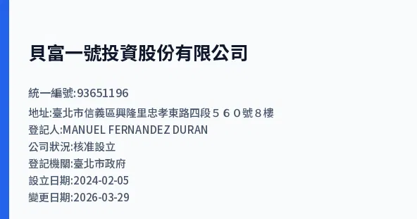 貝富一號投資股份有限公司的照片-統編 93651196(臺北市) 公司登記資料與營業項目詳細圖表