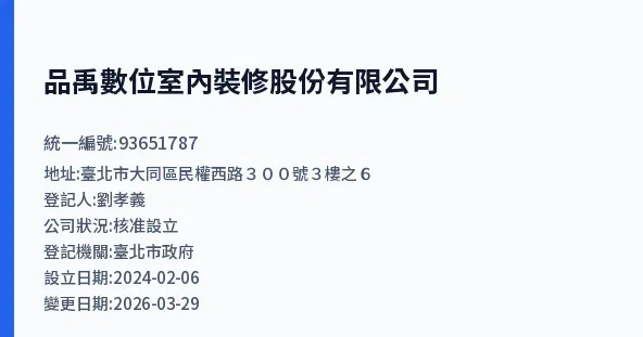 品禹數位室內裝修股份有限公司的照片-統編 93651787(臺北市) 公司登記資料與營業項目詳細圖表
