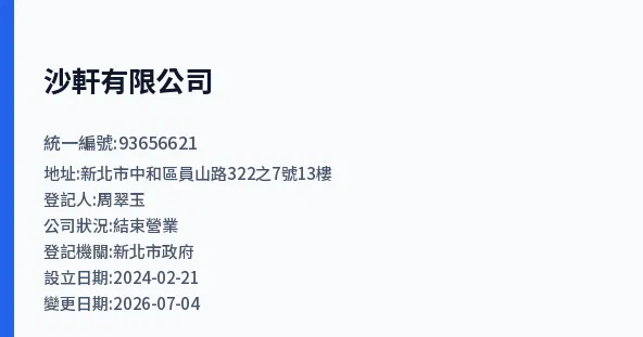 沙軒有限公司的照片-統編 93656621(新北市) 公司登記資料與營業項目詳細圖表