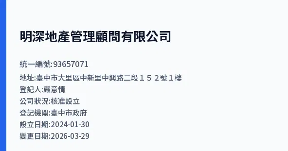 明深地產管理顧問有限公司的照片-統編 93657071(臺中市) 公司登記資料與營業項目詳細圖表