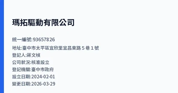 瑪拓驅動有限公司的照片-統編 93657826(臺中市) 公司登記資料與營業項目詳細圖表