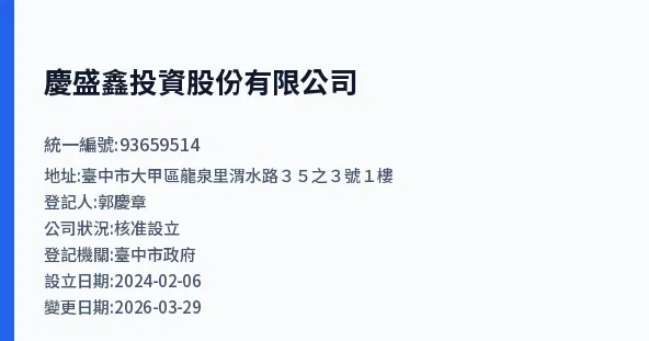 慶盛鑫投資股份有限公司的照片-統編 93659514(臺中市) 公司登記資料與營業項目詳細圖表