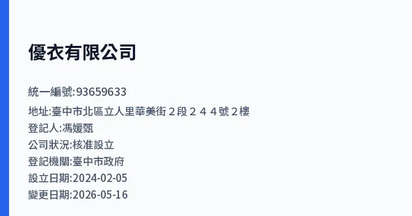 優衣有限公司的照片-統編 93659633(臺中市) 公司登記資料與營業項目詳細圖表