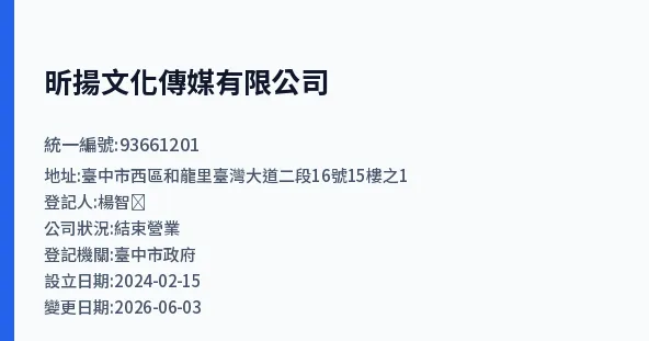 昕揚文化傳媒有限公司的照片-統編 93661201(臺中市) 公司登記資料與營業項目詳細圖表