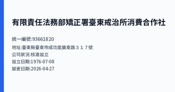 有限責任法務部矯正署臺東戒治所消費合作社的照片-統編 93661820(臺東縣) 公司登記資料與營業項目詳細圖表