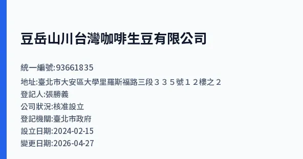 豆岳山川台灣咖啡生豆有限公司的照片-統編 93661835(臺北市) 公司登記資料與營業項目詳細圖表