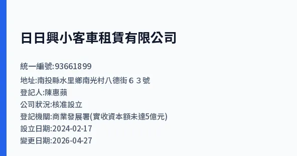 日日興小客車租賃有限公司的照片-統編 93661899(南投縣) 公司登記資料與營業項目詳細圖表
