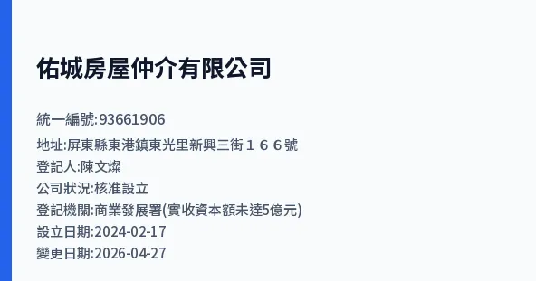 佑城房屋仲介有限公司的照片-統編 93661906(屏東縣) 公司登記資料與營業項目詳細圖表