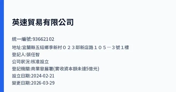 英速貿易有限公司的照片-統編 93662102(宜蘭縣) 公司登記資料與營業項目詳細圖表