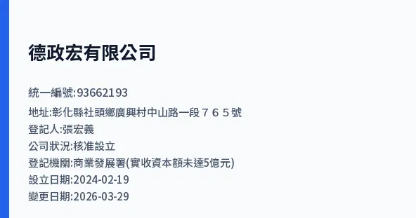 德政宏有限公司的照片-統編 93662193(彰化縣) 公司登記資料與營業項目詳細圖表