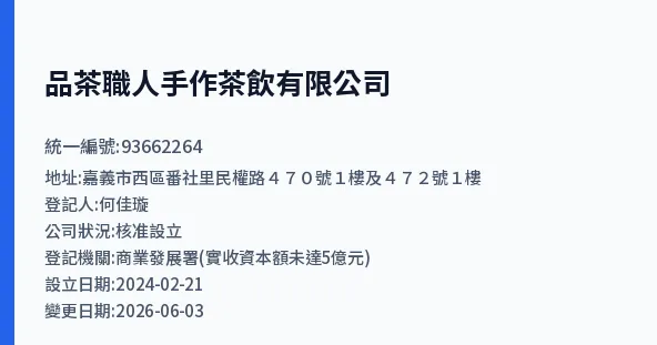 品茶職人手作茶飲有限公司的照片-統編 93662264(嘉義市) 公司登記資料與營業項目詳細圖表