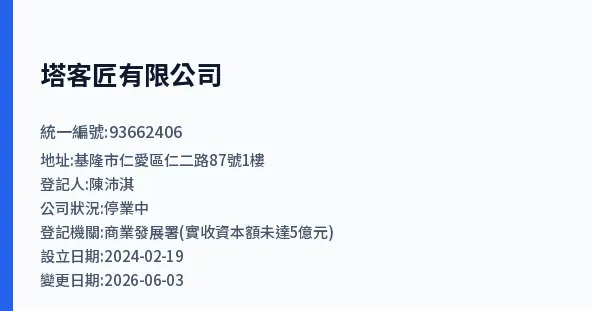 塔客匠有限公司的照片-統編 93662406(基隆市) 公司登記資料與營業項目詳細圖表
