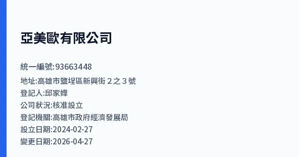 亞美歐有限公司的照片-統編 93663448(高雄市) 公司登記資料與營業項目詳細圖表