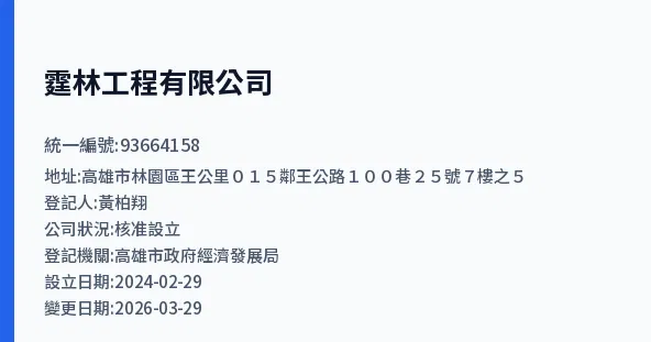 霆林工程有限公司的照片-統編 93664158(高雄市) 公司登記資料與營業項目詳細圖表