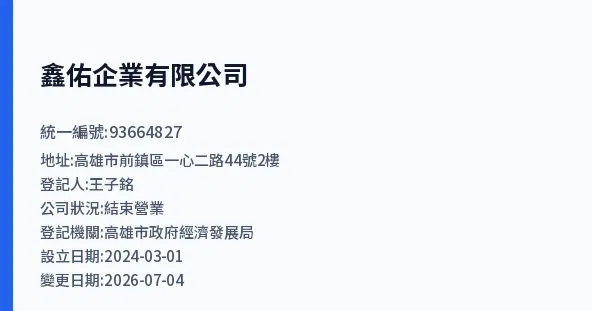 鑫佑企業有限公司的照片-統編 93664827(高雄市) 公司登記資料與營業項目詳細圖表