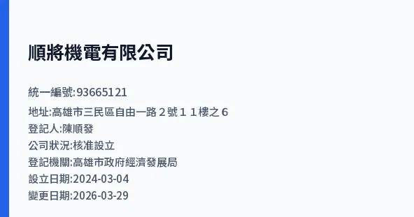 順將機電有限公司的照片-統編 93665121(高雄市) 公司登記資料與營業項目詳細圖表