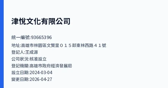 津悅文化有限公司的照片-統編 93665396(高雄市) 公司登記資料與營業項目詳細圖表
