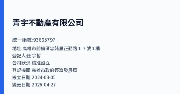 青宇不動產有限公司的照片-統編 93665797(高雄市) 公司登記資料與營業項目詳細圖表