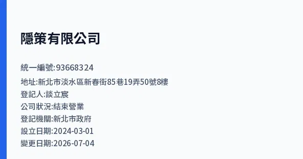 隱策有限公司的照片-統編 93668324(新北市) 公司登記資料與營業項目詳細圖表