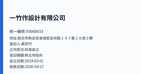 一竹作設計有限公司的照片-統編 93668653(新北市) 公司登記資料與營業項目詳細圖表
