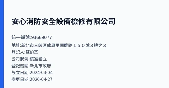 安心消防安全設備檢修有限公司的照片-統編 93669077(新北市) 公司登記資料與營業項目詳細圖表
